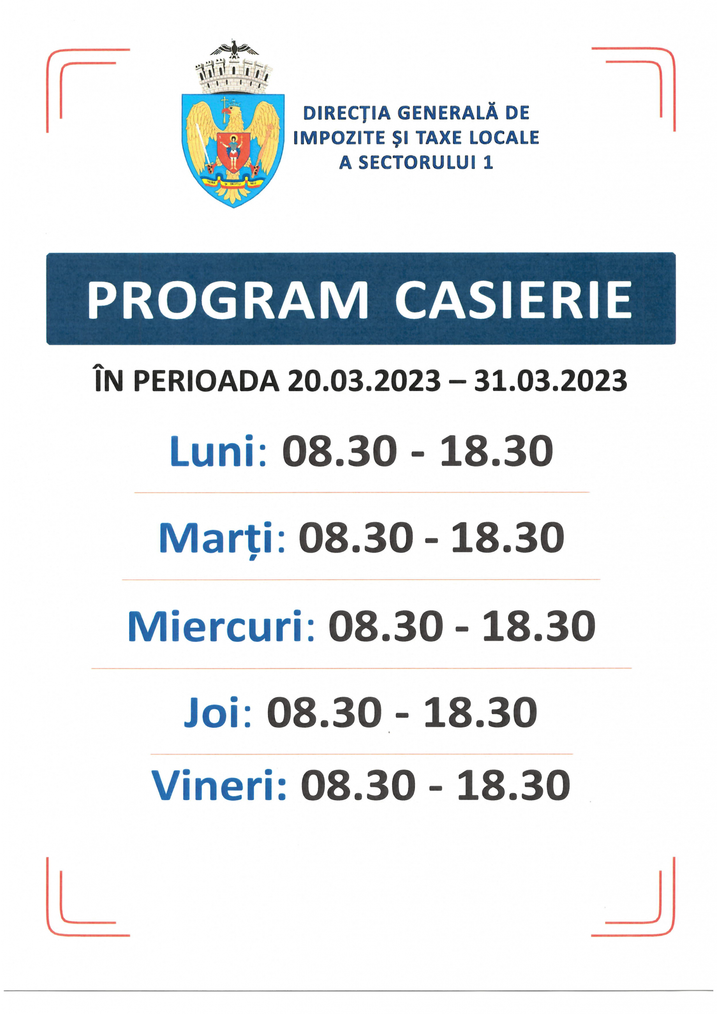 Anunț program de lucru casierie 20.03.2023-31.03.2023 – Directia ...