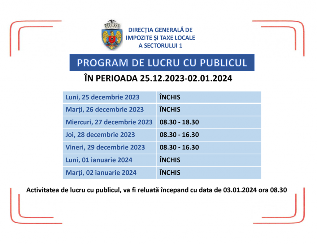 Anunț program de lucru instituție în perioada 25.12.2023 – 02.01.2024 ...