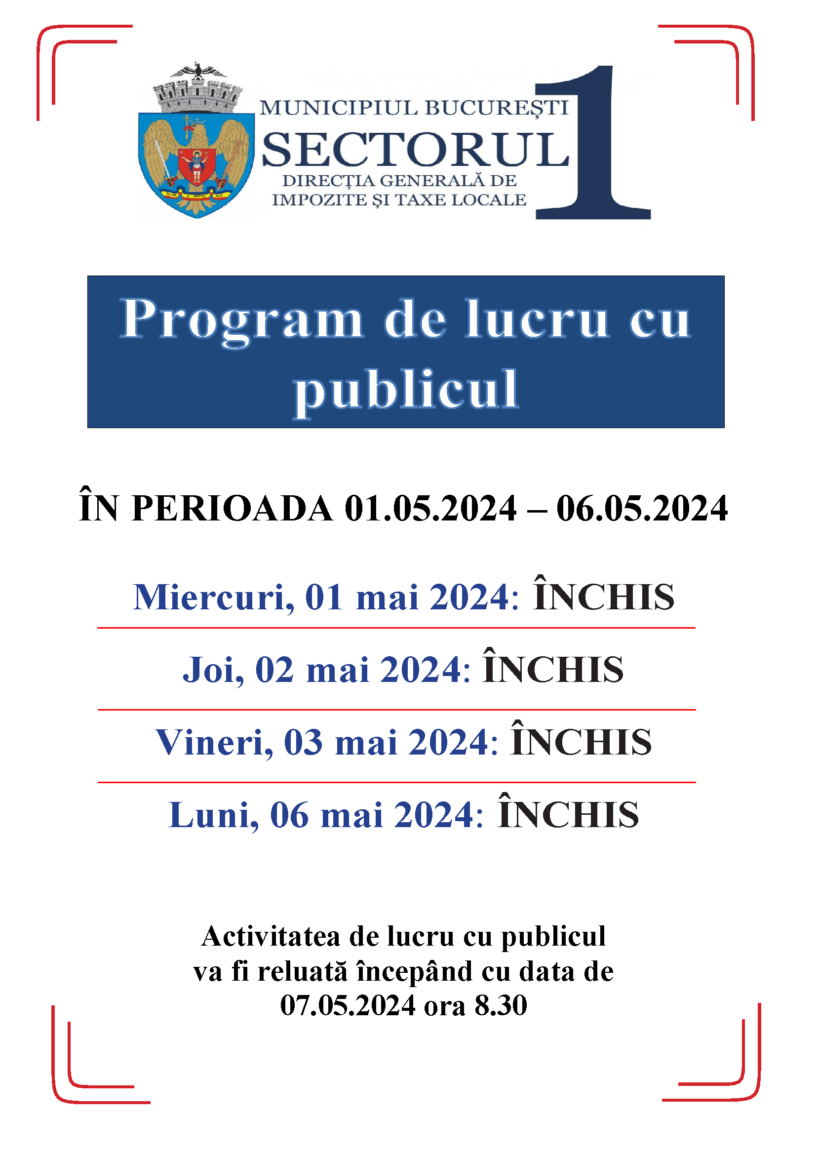 Anunț program de lucru cu publicul în perioada 01.05.2024 – 06.05.2024 ...